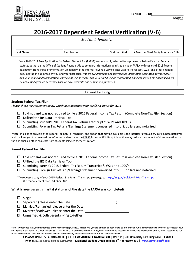 Fillable Online tamuk 1617 Dependent Verification V6 Packet.docx Fax Email Print - pdfFiller