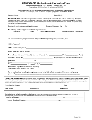 Fillable Online campoasis CAMP OASIS Medication Authorization Form Camp ...