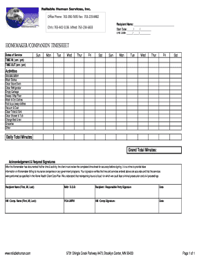 Fillable Online Revised Homemaker Companion Timesheet - Reliable Human ...
