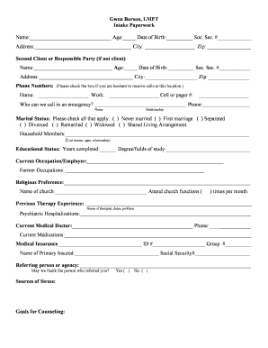 Fillable Online Gwen Burson, LMFT Intake Paperwork Name: Age: Date of ...