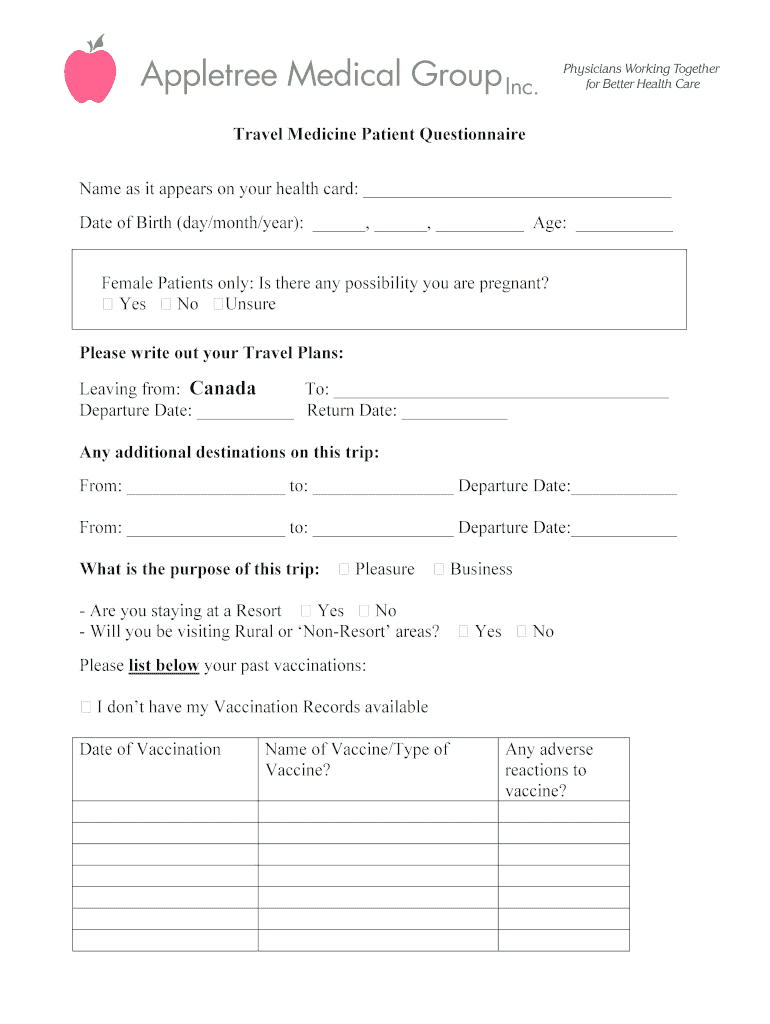 Fillable Online Travel Medicine Questionnaire Fax Email Print - pdfFiller