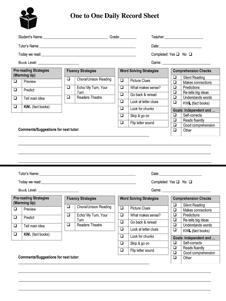 Fillable Online shuswapliteracy One to One Daily Record Sheet ...