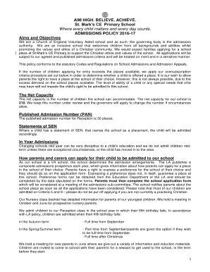 Fillable Online AIM HIGH BELIEVE ACHIEVE St Marks CE Primary School Fax ...