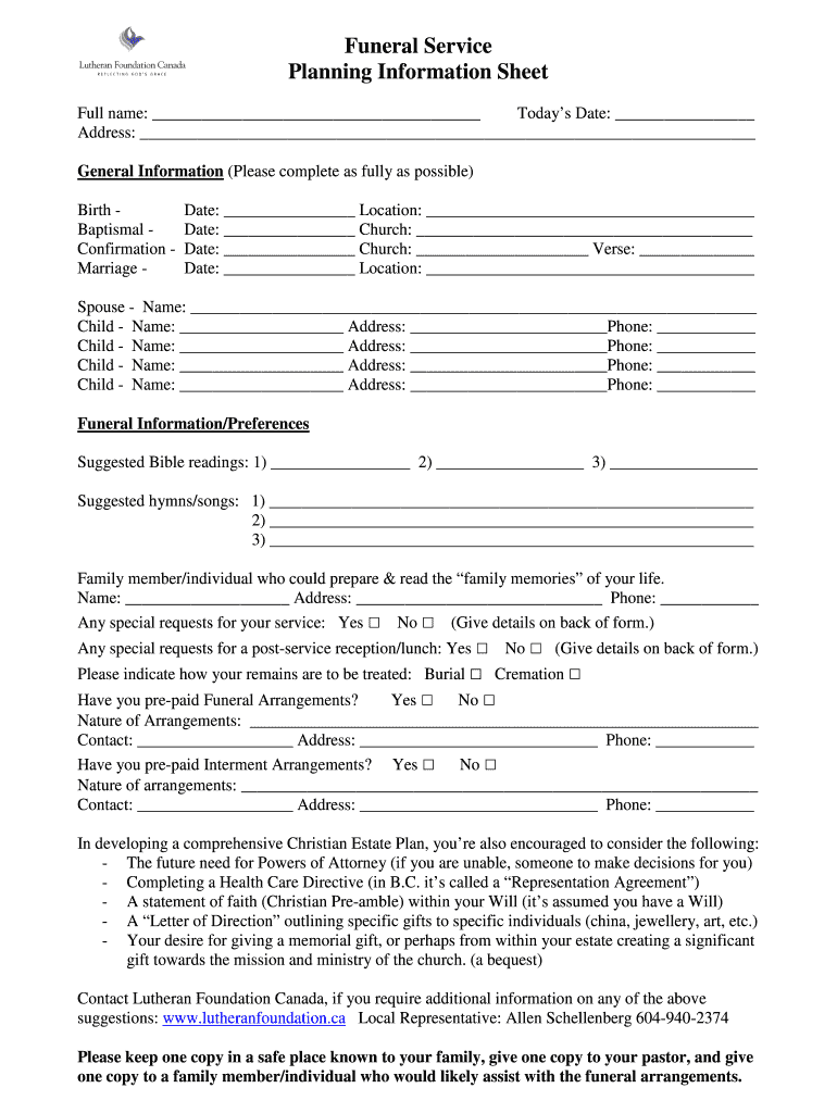 Fillable Online lutheranfoundation Funeral Service - Planning ...