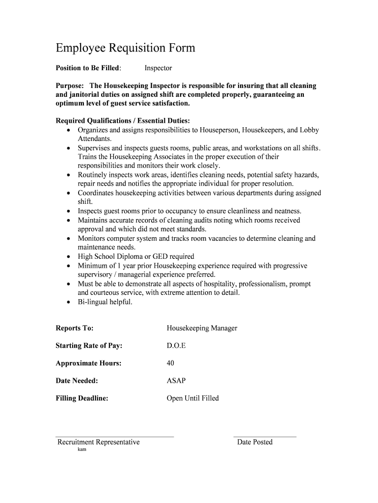 Fillable Online Employee Requisition Form Position to Be Filled ...