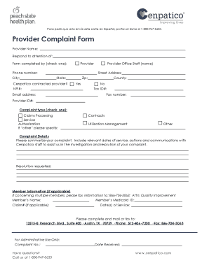 Fillable Online Provider bComplaintb Form - Cenpatico Fax Email Print ...