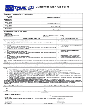 Fillable Online true802 Customer Sign Up Form - True 802 - true802 Fax ...