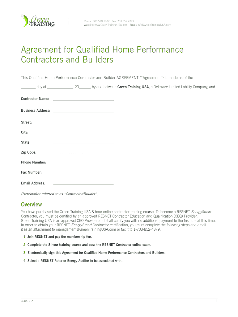 Fillable Online Agreement for Qualified Home Performance Contractors ...