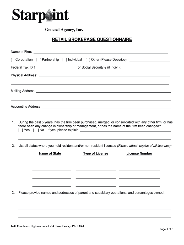 Fillable Online General Agency Inc RETAIL BROKERAGE QUESTIONNAIRE Fax ...