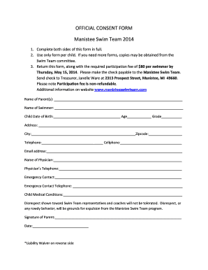 Fillable Online OFFICIAL CONSENT FORM Manistee Swim Team 2014 Fax Email ...