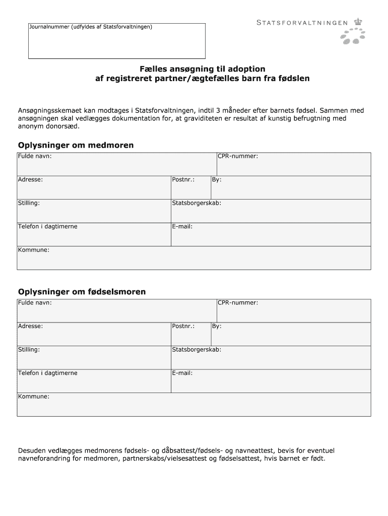 Fillable Online signflow statsforvaltning F lles ans gning til adoption af registreret partner ...