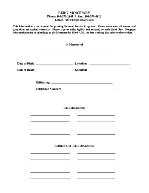 Fillable Online Funeral Program Worksheet - Berg Mortuary Fax Email ...