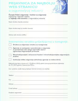 Fillable Online icti svijetosiguranja PRIJAVNICA ZA NAJBOLJU WEB ...