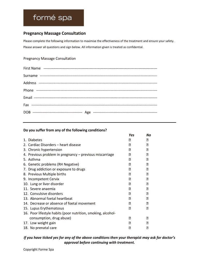 Fillable Online Pregnancy Massage Consultation Fax Email Print - pdfFiller