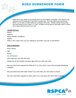 Fillable Online rspcaqld org BIRD SURRENDER FORM - RSPCA Fax Email ...