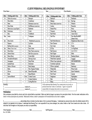 Fillable Online CLIENT PERSONAL BELONGINGS INVENTORY - Burning Tree ...