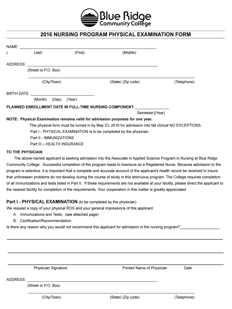 Fillable Online brcc 2016 NURSING PROGRAM PHYSICAL EXAMINATION FORM Fax ...