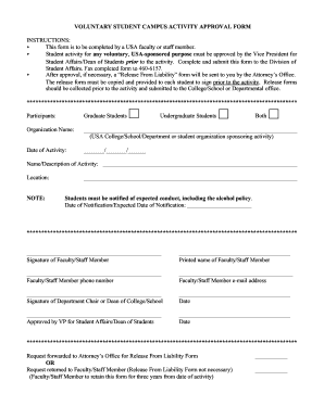 Fillable Online southalabama VOLUNTARY STUDENT CAMPUS ACTIVITY APPROVAL ...