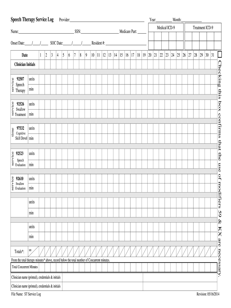 Speech Therapy Service Log - Blank Fillable Template | Fill Out, Print ...