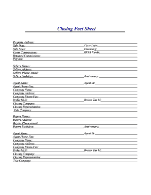 Fillable Online Closing Fact Sheet Property Address: Sale Date: Close ...
