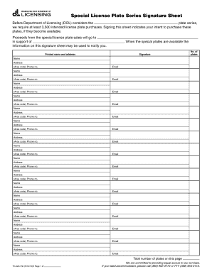 Fillable Online dol wa Special License Plate Series Signature Sheet ...