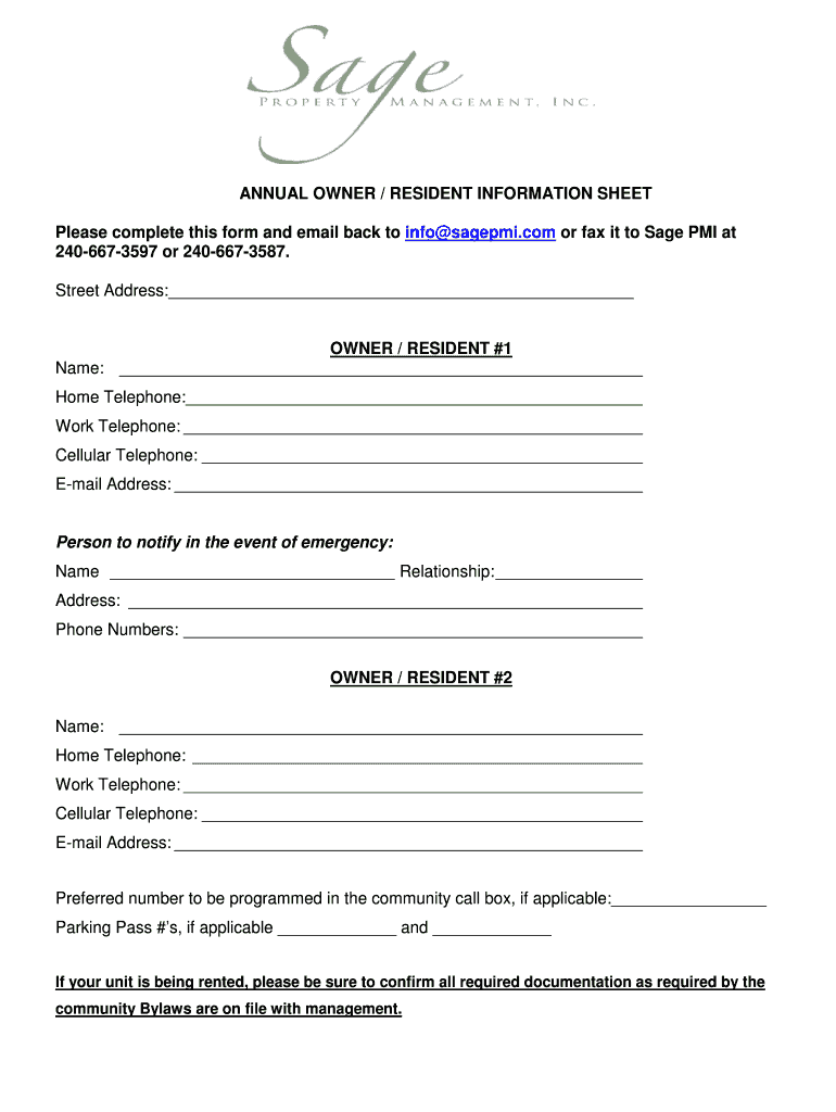 Fillable Online ANNUAL OWNER RESIDENT INFORMATION SHEET Please complete ...