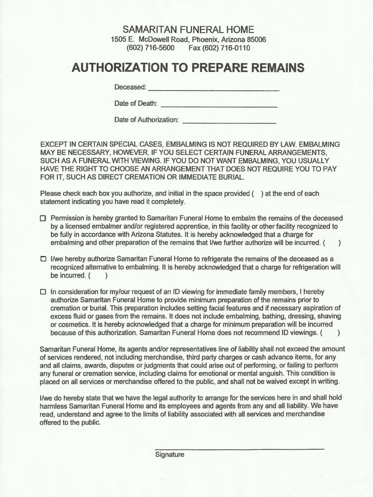 Fillable Online Authorization to prepare remains - Samaritan Funeral Home Fax Email Print ...