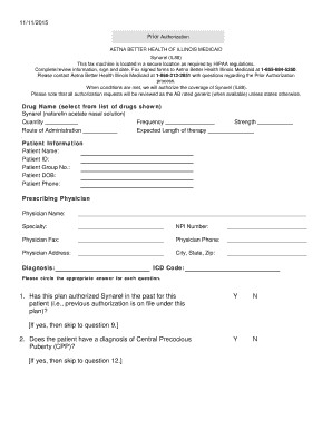 Fillable Online 11/11/2015 Prior Authorization AETNA BETTER HEALTH OF ...