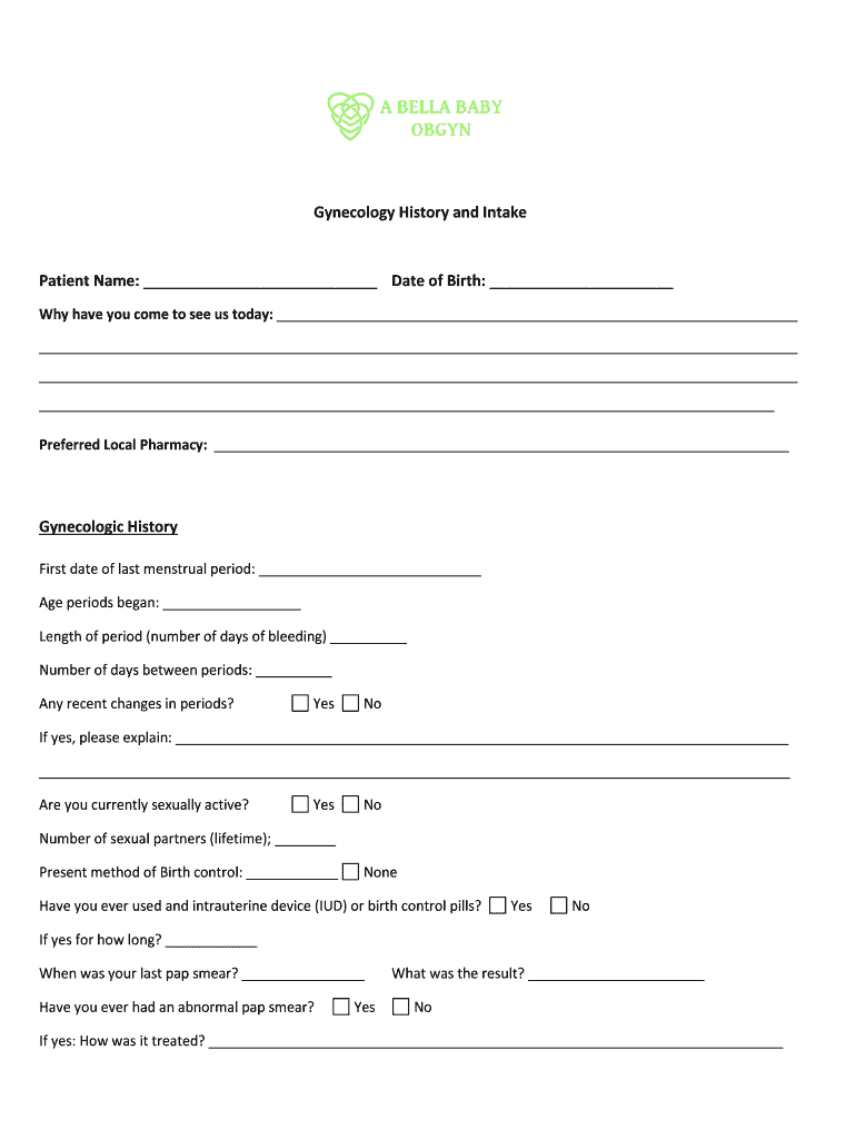 Fillable Online Gynecology History and Intake Patient Name - A Bella ...