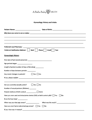 Fillable Online Gynecology History and Intake Patient Name Date of ...