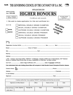 Fillable Online catfancysa asn Certificate only awards. - The Governing ...