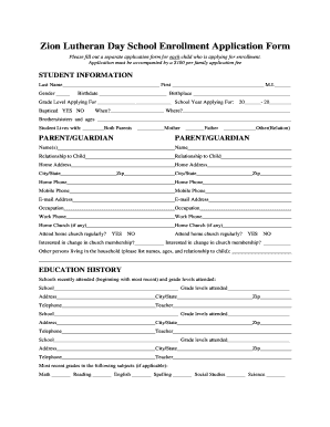 Fillable Online ziontoledo Zion Lutheran Day School Enrollment Application Form - ziontoledo Fax ...