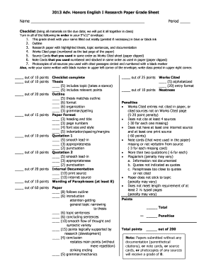 Fillable Online Honors English I Research Paper Grade Sheet Fax Email ...