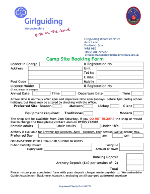 Fillable Online girlguidingworcs org Camp bSiteb Booking Form ...