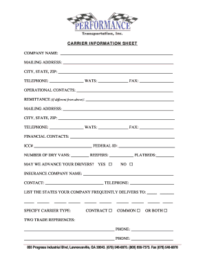 Fillable Online CARRIER INFORMATION SHEET 2016 Fax Email Print - pdfFiller