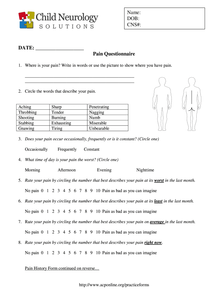 Fillable Online DATE Pain Questionnaire - bchildneurosolutionsbbcomb ...