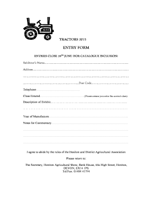 Fillable Online honitonshow co TRACTORS 2015 Entry Form - Honiton Show ...