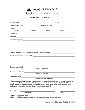Fillable Online faculty wtamu CONTRACT FOR INCOMPLETE - bFacultyb Support Portal Fax Email Print ...