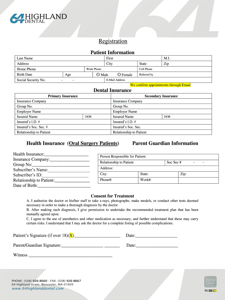 Fillable Online New Patient Registration Form - 64 Highland Dental Fax Email Print - pdfFiller