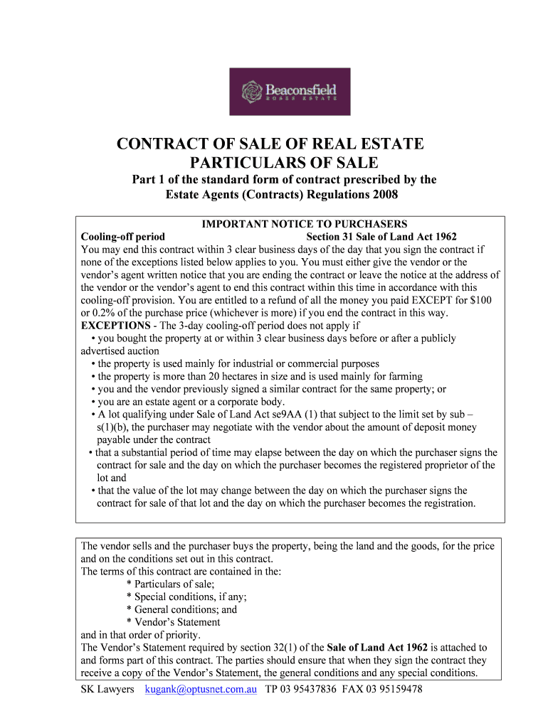 Fillable Online CONTRACT OF SALE OF REAL ESTATE PARTICULARS OF SALE Fax ...