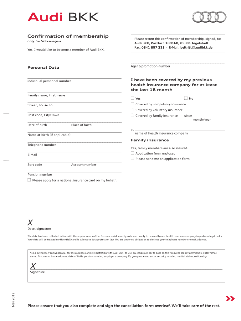 Fillable Online audibkk BConfirmationb of membership - Audi BKK Fax ...