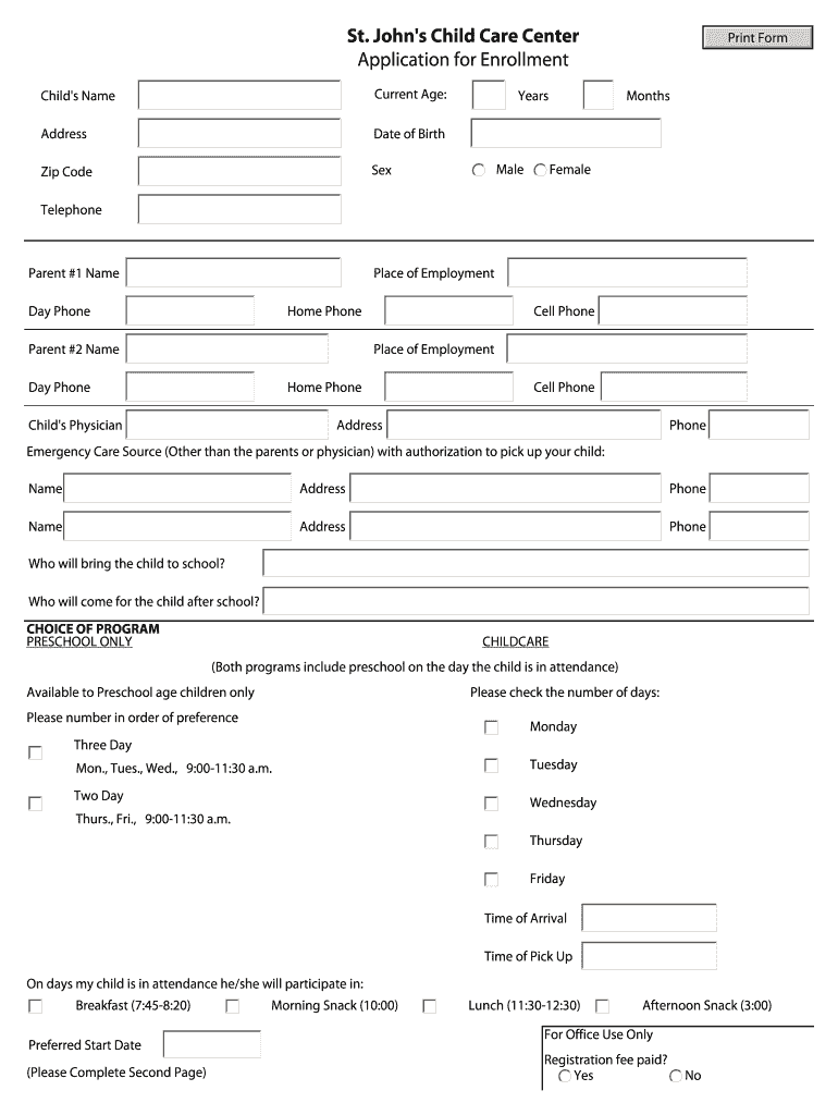 Fillable Online stjohnsmpls St Johns Child Care Center Application for Enrollment Fax Email ...