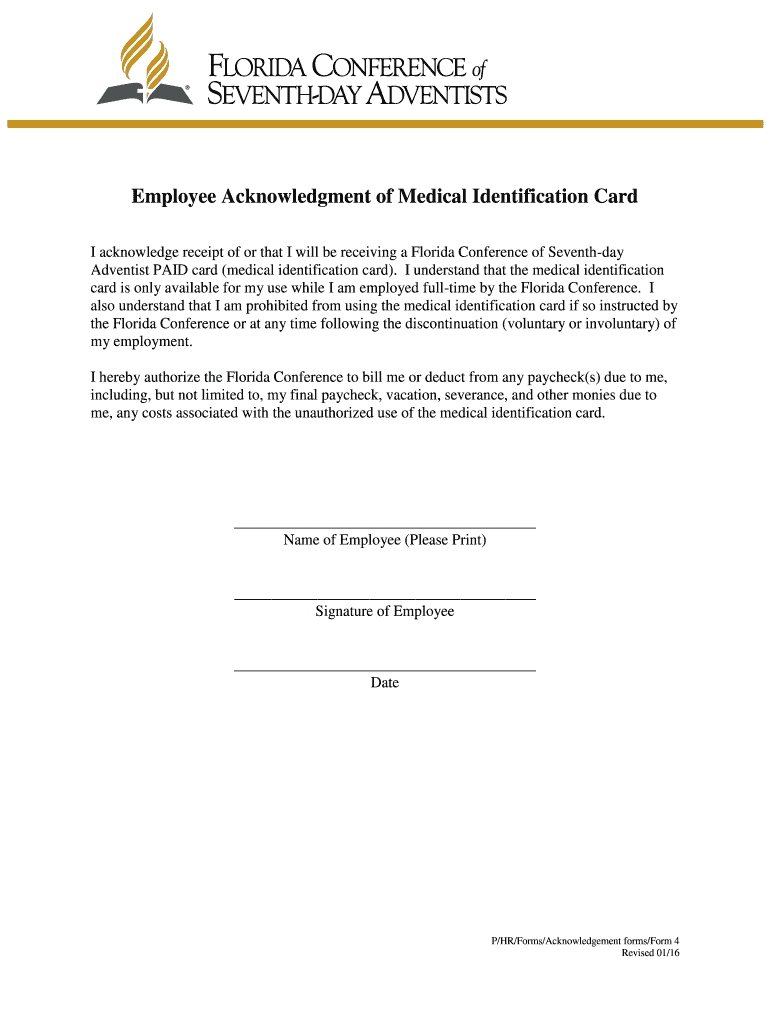 Fillable Online Acknowledgment Employee of Medical ID bCardb ...