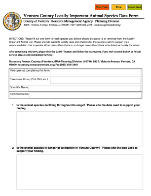 Fillable Online Animal Species Data bFormb - Ventura County Resource ...