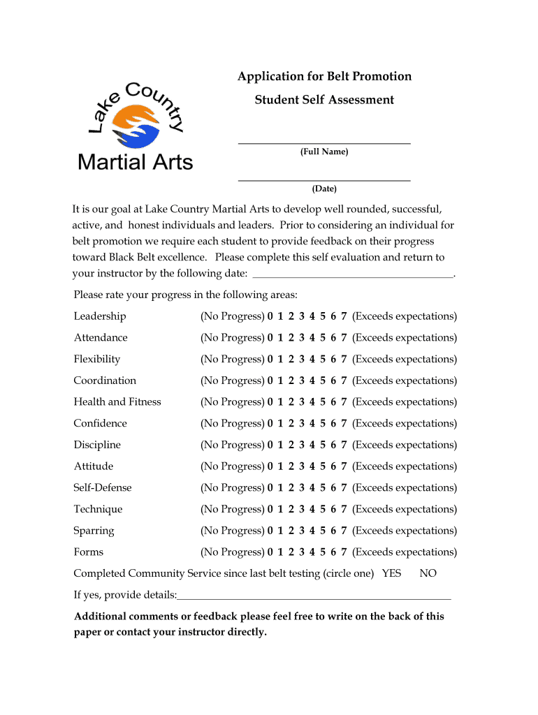 Fillable Online Application for Belt Promotion Student Self Assessment ...