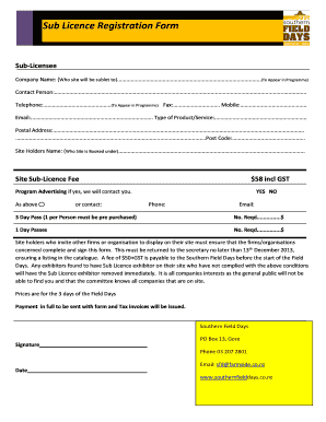 Fillable Online Sub Licence Registration Form - Southern Field Days Fax ...
