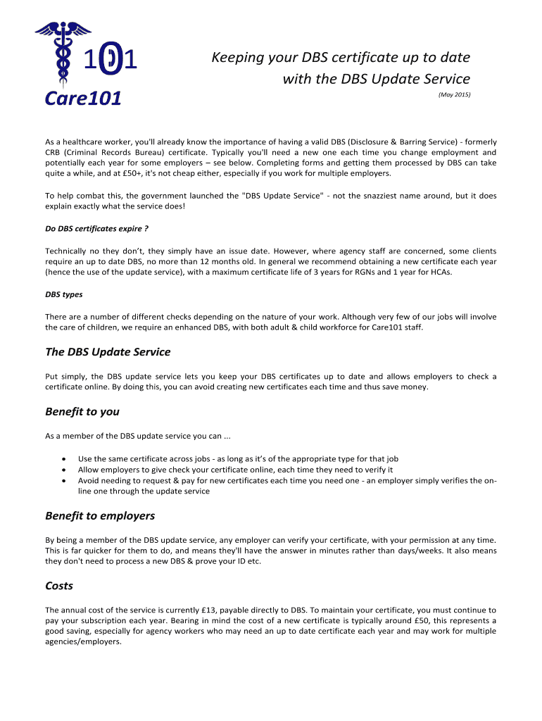 Fillable Online Keeping your DBS certificate up to date Fax Email Print ...