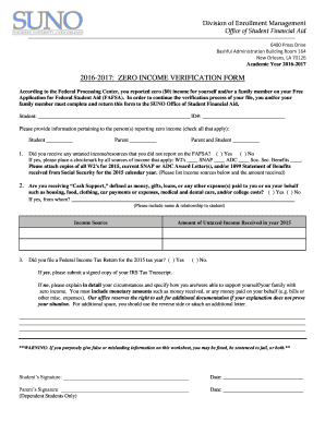 Fillable Online suno Zero Income Form - Southern University at New ...