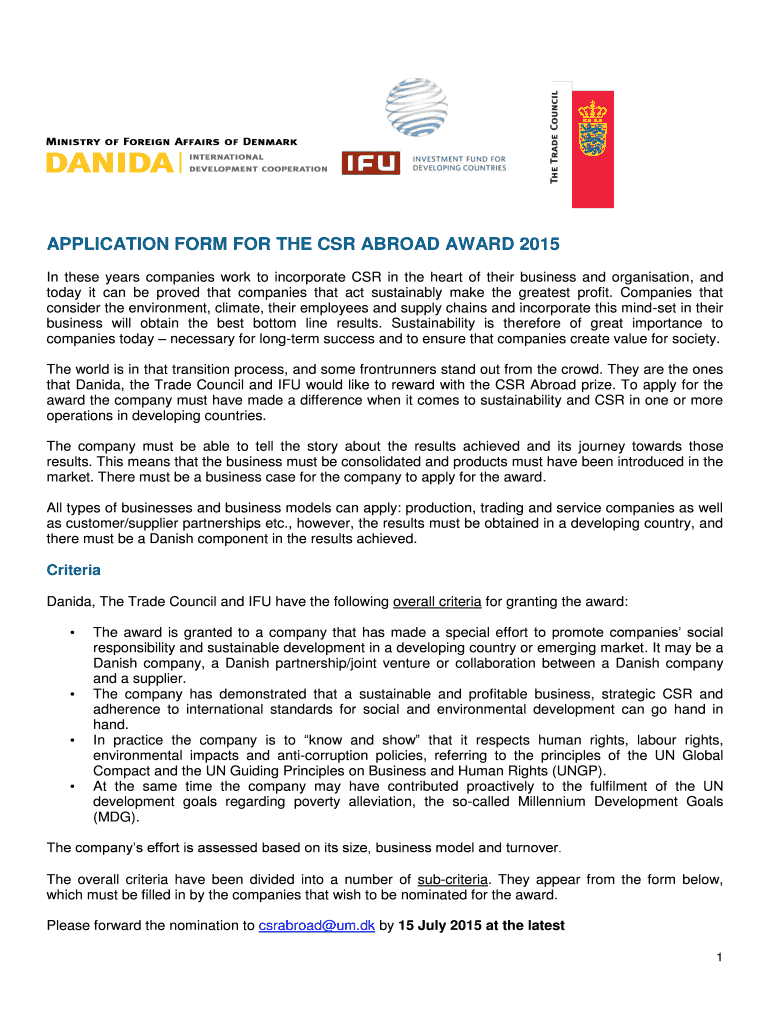 Fillable Online ifu APPLICATION FORM FOR THE CSR ABROAD AWARD 2015 ...