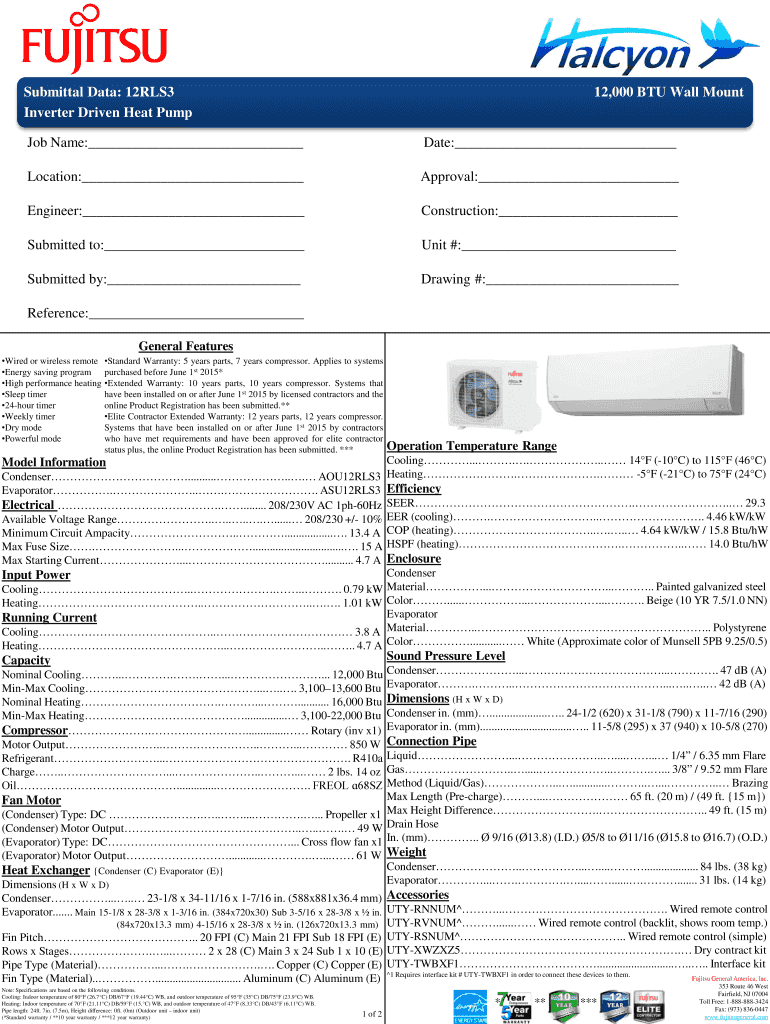 Fillable Online Submittal Data: 12RLS3 12,000 BTU Wall Mount ...